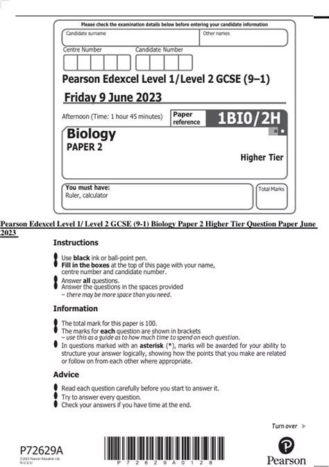 Pearson Edexcel Level 1 Level 2 Gcse 9 1 Biology Paper 2 Higher Tier Question Paper June 2023