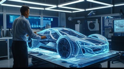 Premium Photo A Scene Of An Electric Car Developer Analyzing An Advanced Holographic Display