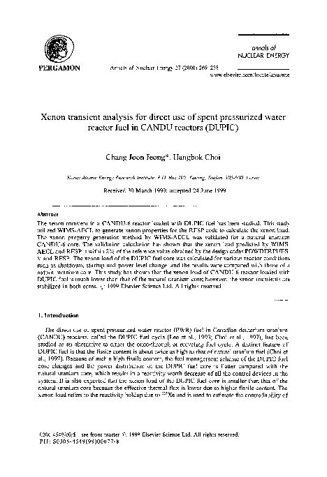 Pdf Xenon Transient Analysis For Direct Use Of Spent Pressurized Water Reactor Fuel In Candu