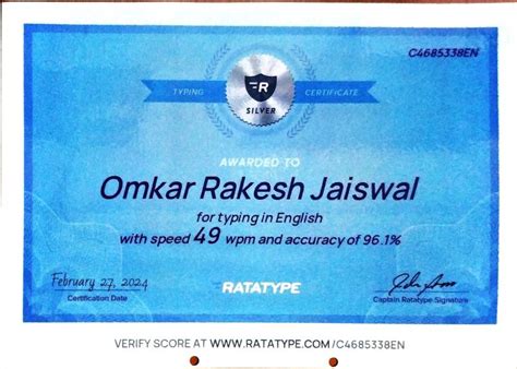 Omkar Jaiswal On Linkedin Typing Speed Omkar Ratatype Silver Wpm Certification Motivation…