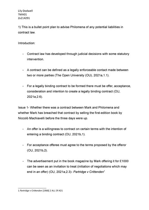 Tma01 Tma Zv This Is A Bullet Point Plan To Advise Philomena Of Any