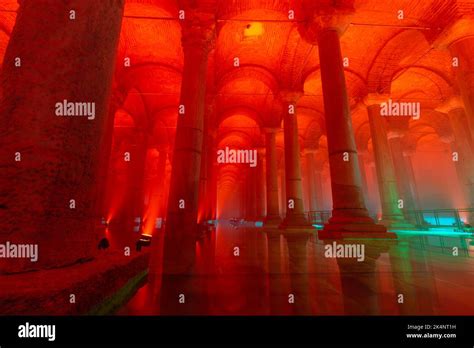 Basilica Cistern View From Below And Red Ambient Lights Travel To