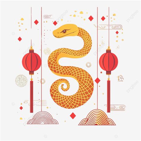 뱀의 해를 축하하는 미니멀한 평면 디자인 전통 중국 모티프를 통해 구불구불한 황금 뱀으로 뱀은 등불과 기하학적 물결 패턴을 포함한 빨간색과 금색 악센트로 둘러싸여 있어