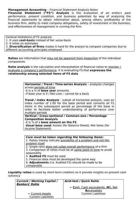 Notes In Financial Statement Analysis Financial Statement Fs