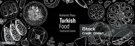 터키 음식 상위 뷰 벡터 그림입니다 음식 메뉴 디자인 서식 파일입니다 손으로 그린 스케치 터키 음식 메뉴 빈티지 스타일 이맘 바일디 라마쿤 카트머 시밋 돌마 돌마 발릭