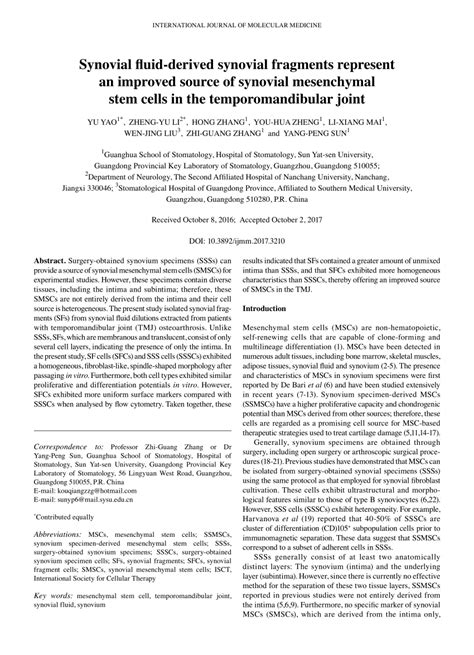Pdf Synovial Fluid‑derived Synovial Fragments Represent An Improved