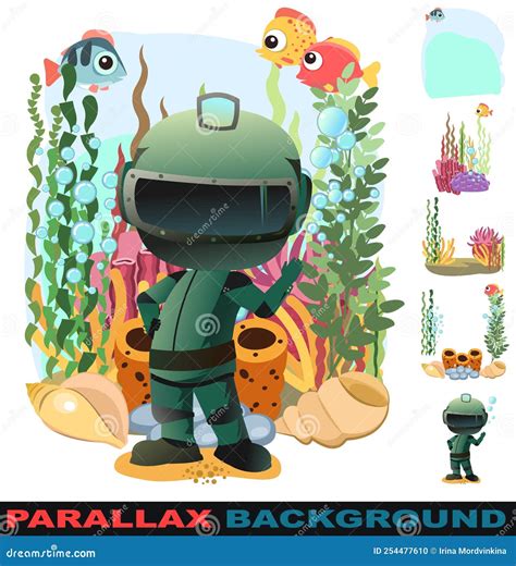 Diver In Retro Scuba Gear Near Coral Reefs Set Parallax Effect Guy In