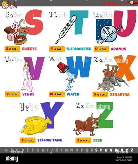 Letras del alfabeto de dibujos animados educativos para niños de S a Z