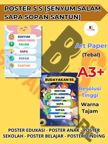 Jual Poster 5 S Budayakan 5 S Poster Senyum Salam Sapa Sopan Santun Poster Edukasi Anak