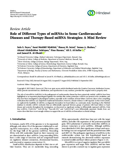 Pdf Role Of Different Types Of Mirnas In Some Cardiovascular Diseases And Therapy Based Mirna