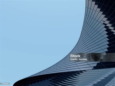 높은 상승 곡선 유리 건물과 어두운 강철 창 시스템의 3d 자극 푸른 맑은 하늘 배경 미래 건축의 비즈니스 개념 코너 건물의 각도를 조회 0명에 대한 스톡 사진 및 기타