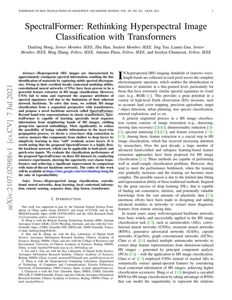 pdf spectralformer rethinking hyperspectral image classification