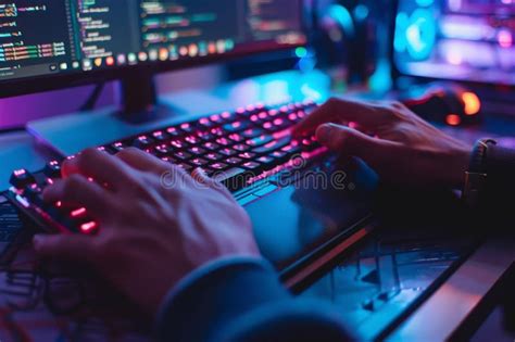 Programmer Is Hands On Keyboard Writing Source Code On Screen Monitor Showing Writing Code