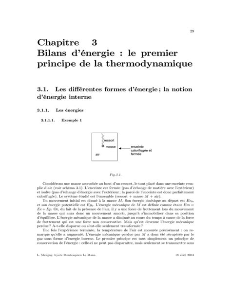 Chapitre 3 Bilans d énergie le premier principe de la