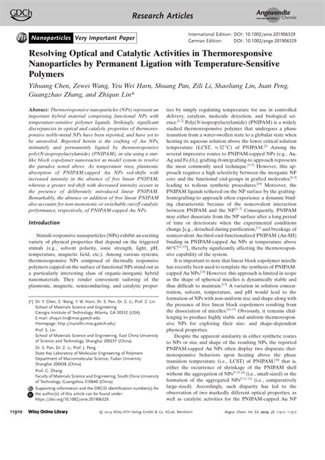 Resolving Optical And Catalytic Activities In Thermoresponsive Nanoparticles By Permanent