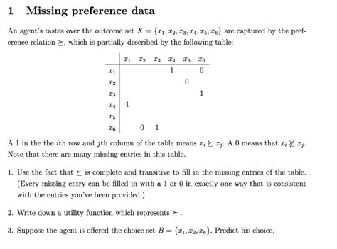 solved 1 missing preference data an agent s tastes over the