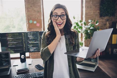 Photo Of Astonished Positive Lady Hardware Engineer Hand Cheeks