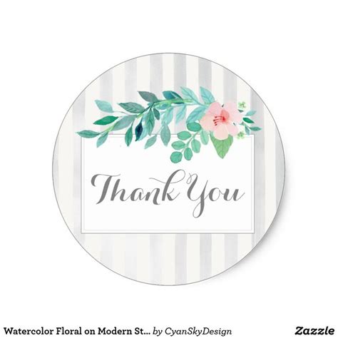 Watercolor Floral On Modern Striped Thank You Classic Round Sticker