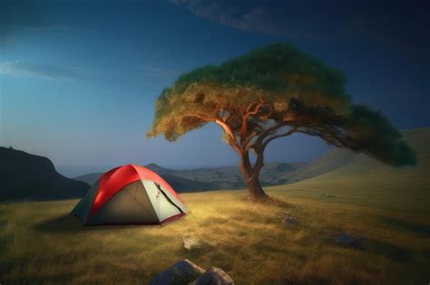 Premium Ai Image Camping Evening Scence Tent Under The Big Tree On A