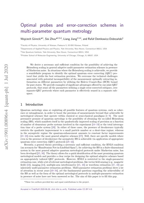 Pdf Optimal Probes And Error Correction Schemes In Multi Parameter Quantum Metrology