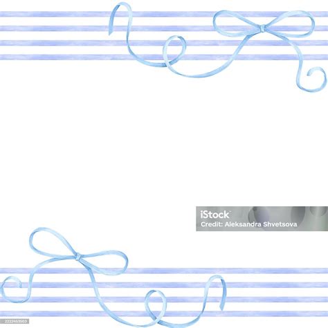 손으로 그린 수채화 파란색 줄무늬 활 프레임 테두리 흰색 배경에 고립되어 있습니다 엽서 스크랩북 앨범 및 기타 인쇄 제품에 사용할 수 있습니다 0명에 대한 스톡 벡터 아트