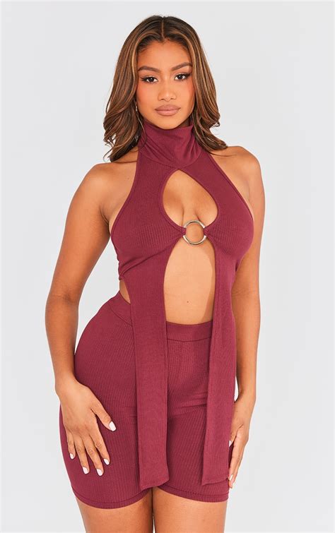 Burgundy Rib Halter O Ring Top Biker Short Set Co Ords