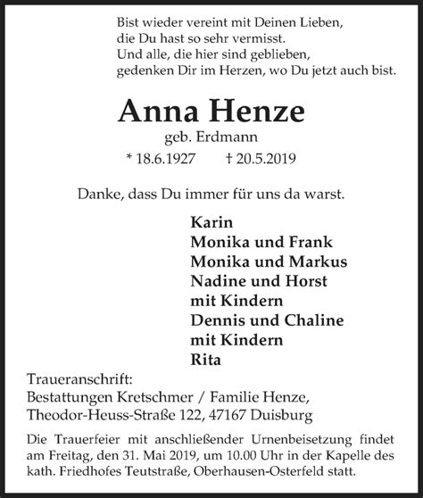 Traueranzeigen Von Anna Henze Trauer In NRW De