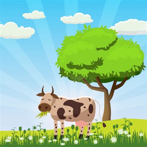 Premium Vector A Cow Grazes In A Meadow Eating Grass In A Landscape
