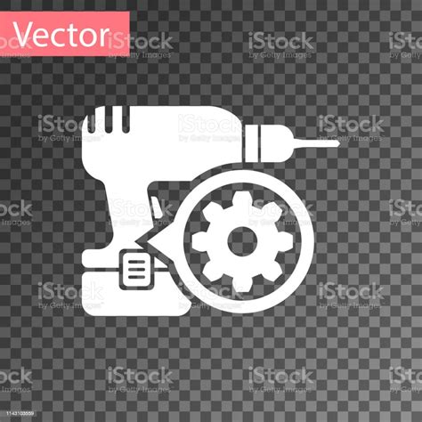 흰색 드릴 기계와 기어 아이콘이 투명 한 배경에 고립 조정 응용 프로그램 서비스 개념 설정 옵션 유지 보수 수리 고정 벡터 일러스트 가정 생활에 대한 스톡 벡터 아트 및