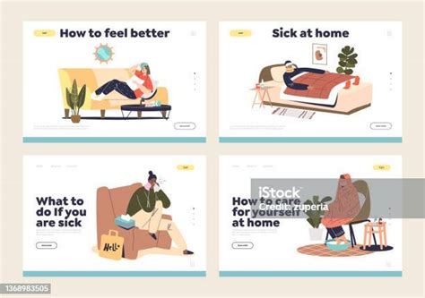 발열 바이러스 계절 독감 또는 감기로 고통받는 사람들과 함께 설정 된 방문 페이지의 가정 개념에 아픈 질병에 대한 스톡 벡터 아트 및 기타 이미지 Istock