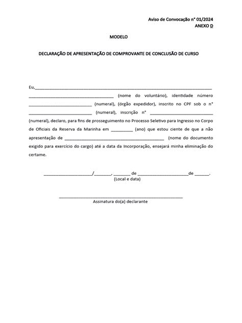 04 Anexo D Modelo De Declaração Conclusão De Curso Ps Smv Of 2024 1 Pdf
