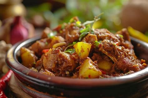 Premium Photo A Brown Bowl Filled With Meat And Potatoes