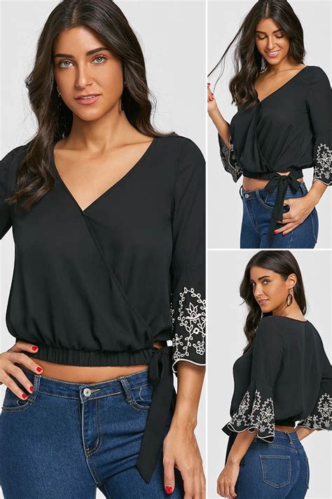 Embroidery V Neck Flare Sleeve Blouse