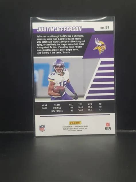 CARTE DE FOOTBALL Panini Zenith Justin Jefferson Minnesota Vikings 2022