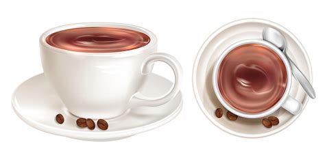 컵 상단의 카푸치노 커피와 흰색 배경에 고립 된 측면 보기 접시와 숟가락으로 사실적인 커피 컵 벡터 일러스트레이션 3차원 형태에 대한 스톡 벡터 아트 및 기타 이미지