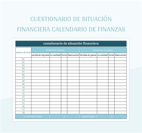 Plantilla de Excel Cuestionario De Situación Financiera Calendario De Finanzas y Hoja de Cálculo