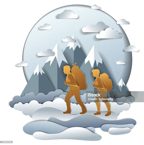 산 범위 남자 친구와 여자 친구 자연 하이킹 활성 부부 허니문 벡터 일러스트 레이 션의 봉우리 구름 하늘에 아름 다운 여름 경치 풍경 휴일 가족에 대한 스톡 벡터 아트 및