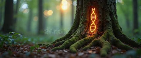 Glowing DNA Symbol On Tree Trunk In Mysterious Forest Nature And Technology Concept Stock
