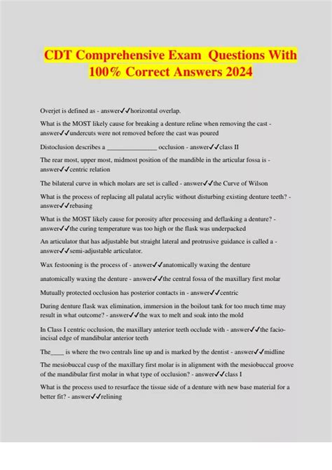 Cdt Comprehensive Exam Questions With 100 Correct Answers 2024 Cdt Stuvia Us