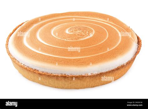 Whole Lemon Tart With Meringue Swirl Topping Isolated On White Stock
