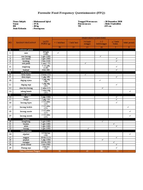 Formulir Food Frequency Questioinnaire Ffq Pdf