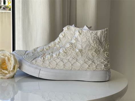 Ivory Lace Wedding Converse High Top Custom Converse Shoes Etsy In