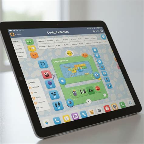 Tablet Displaying A Coding Interface With Colorful Cartoonish Icons