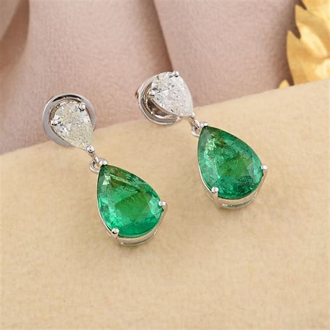 Pear Shape Emerald Gemstone Dangle Earrings Diamond 18 Karat White Gold