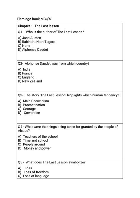 Flamingo Book Mcq Flamingobookmcqs Chapter 1 Thelastlesson Q 1
