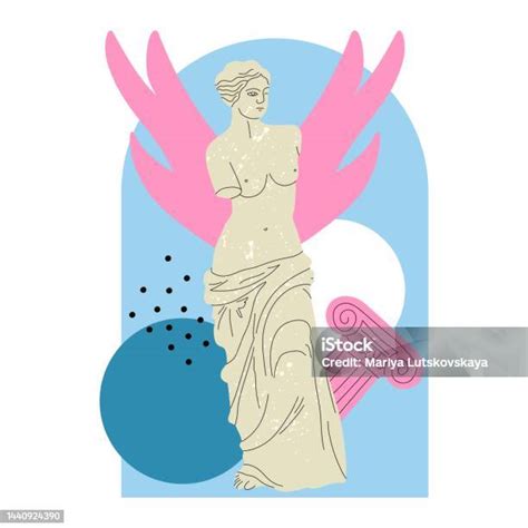 골동품 대리석 동상입니다 추상적인 현대 포스터 또는 인쇄물 그리스 또는 로마 조각 기하학적 및 식물 요소가 있는 아프로디테 벡터 만화 평면 스타일 격리된 그림 그리기에 대한