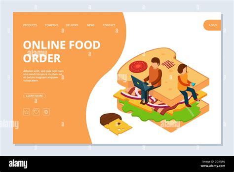 Online Food Order Landing Page Template Vector Isometric Sandwich And People Illustration Stock
