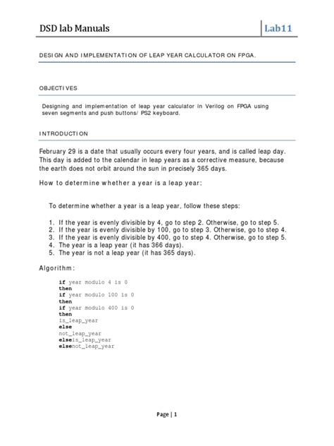 Dsd Lab Manuals Design And Implementation Of Leap Year Calculator On