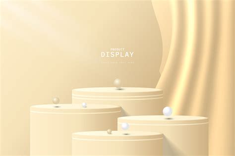 스튜디오 룸에 있는 추상적인 베이지색 또는 갈색 3d 배경 호화스러운 커튼 및 구체 공을 가진 사실적인 3d 실린더 연단 받침대 모형 또는 제품 진열대를 위해 최소한의 벽