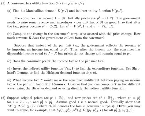 1 A Consumer Has Utility Function U X √x1